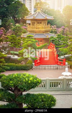 The oriental gold pavilion of absolute perfection and bonsai tree in ...