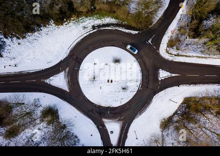 Snow-covered aerial view of the Roundabout, junction of Loampit Vale ...