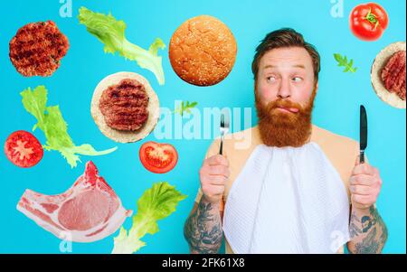 Hipster hungry man eat burger. Man with beard eat burger menu. Brutal ...