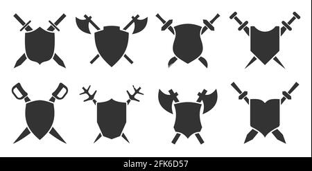 Shield with crossed sword, poleaxe, saber icon set. Medieval weapon ...