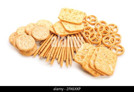 Tasty different crackers on white background Stock Photo - Alamy