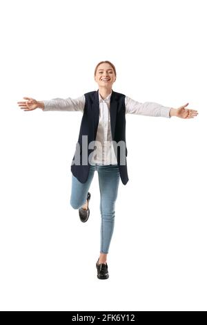 Happy woman opening arms for hug on white background Stock Photo - Alamy
