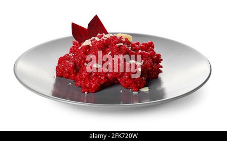 Plate with tasty beet risotto on light background Stock Photo - Alamy