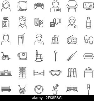 Aged care vector line icons set. Aging, Care, Elderly, Assisted ...