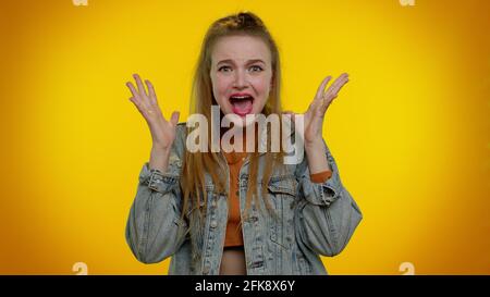 Young woman scared fearful, meeting her own phobia, evidence horror ...