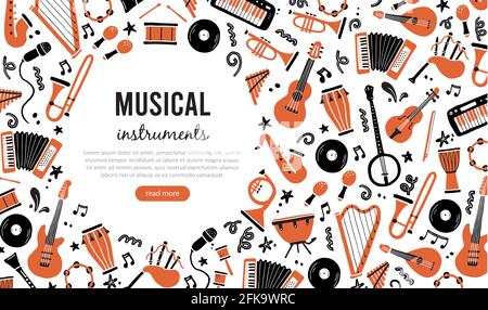Hand drawn banners template with musical instrument, guitar, saxophone ...
