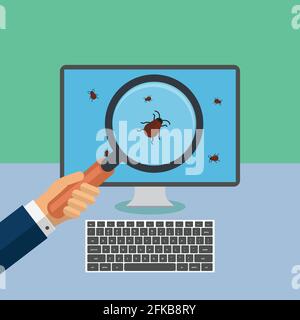 Computer monitor with magnifying glass and bugs. Virus concept. vector ...