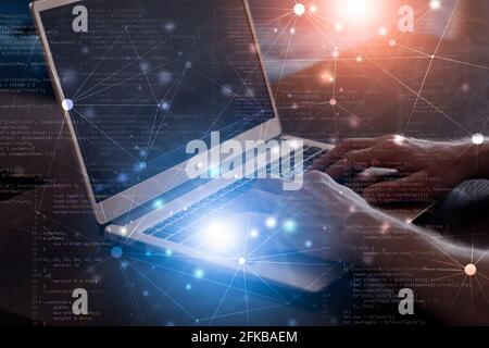 front-end web developing, writing programming code language for website. cyber technology ...