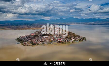 Aerial of the Janitzio island on Lake Patzcuaro, Michoacan, Mexico ...