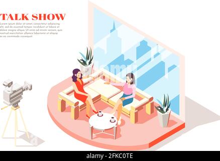 Talk show hostess and guest in studio isometric background 3d vector ...