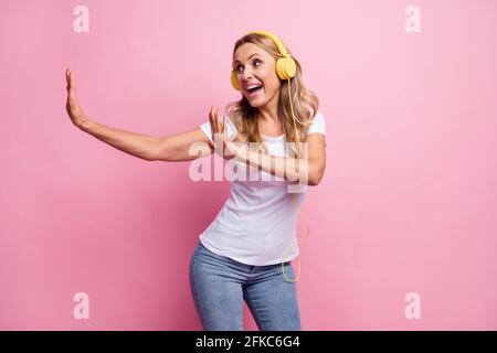 Profile photo of blond optimistic lady lie on bag wear spectacles shirt ...