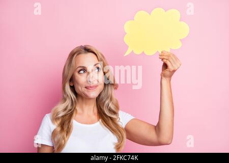 Photo of pretty adorable wavy lady wear blue sweatshirt pointing empty ...