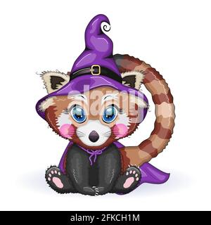 Cartoon red panda in a purple witch's hat and cloak. Halloween poster ...
