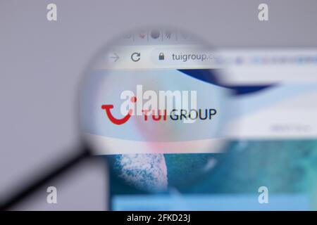 A close up of the TUI logo on the tail fin of a passenger aircraft ...