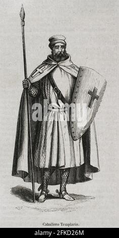 Engraving of a templar knight at a Catholic Church. The templars were ...