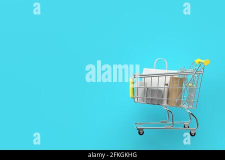3d rendering, shopping cart yellow background, copy space, shopping and ...