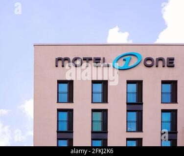 The logo of the hotel chain Motel One is pictured at one of the company ...