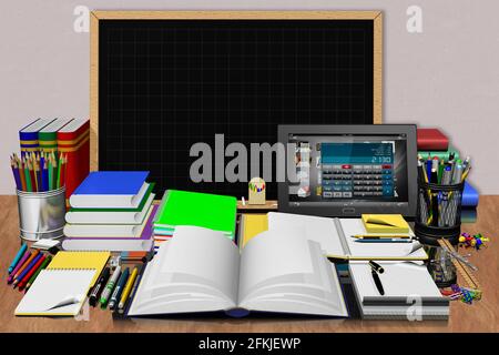 3d illustration. Central blackboard with text I love school. Stationery ...