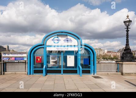 A closed Festival Pier on the River Thames, Southbank, Waterloo, London ...