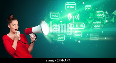Young person with megaphone and technology related icon Stock Photo - Alamy