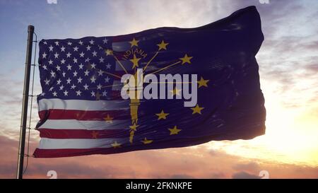 USA and Indiana Mixed Flag waving in wind. Indiana and USA flag on ...
