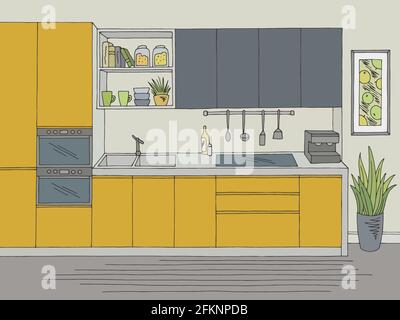 Kitchen room graphic color home interior sketch illustration vector ...