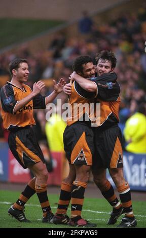 Wolves footballer Don Goodman celebrates his goal with Darren Ferguson ...