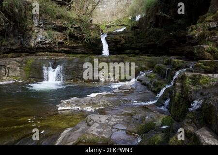 Three-tiered waterfall on the Four Falls Trail in Wales Stock Photo - Alamy