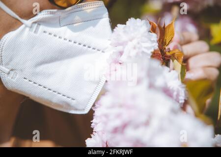 Man wearing a face mask and smelling the pink flowers on the tree Stock ...