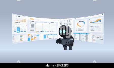 black robot analyzing statistics financial data on virtual boards artificial intelligence ...