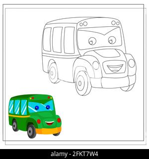 cartoon bus coloring book. Sketch and color version. Coloring book for ...