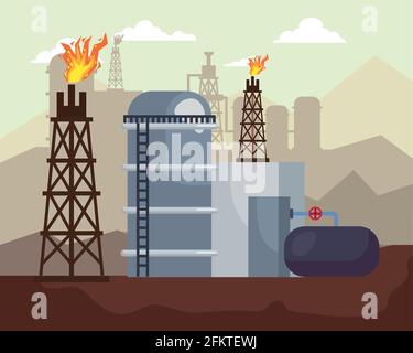Oil tower with flame design, Fracking industry fuel technology power ...