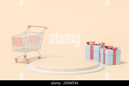 Empty merchandise stage with shopping cart and present box, 3d ...