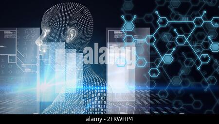 Composition of human bust formed with binary coding and financial data processing Stock Photo ...