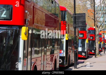 Famous London transport buses. London's red buses in station. Bus of ...