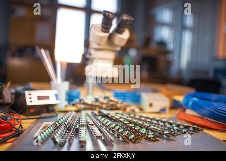 Modern microscope, Panel of LED light indicators is in the production ...