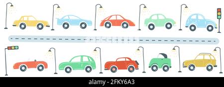 traffic jam from colored cars flat simple cartoon style hand drawing ...