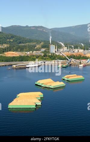 Catalyst Paper Mill and chip barges, Crofton, British Columbia aerial ...
