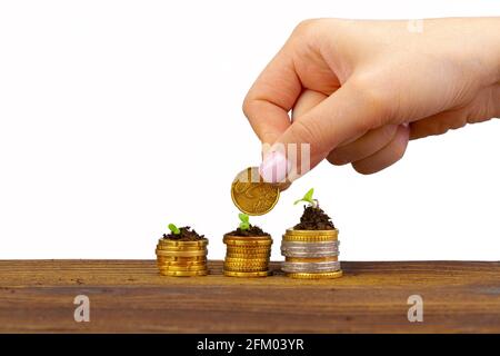Seedlings grown on a coins stack in female palm Stock Photo - Alamy