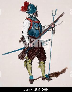 Arquebusier holding a arquebus. 15th century. Engraving of Germania ...