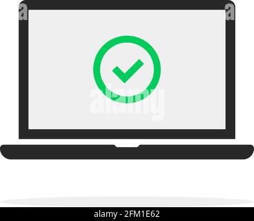 Computer with checkmark or tick notification in bubble. Approved choice ...