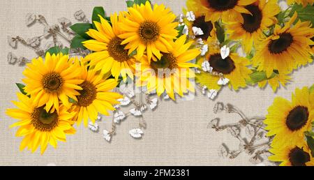 Flower illustration linen effect texture pattern. Seamless woven ...