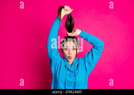 Photo of coquette young brunette lady blow kiss wear eyewear pullover ...