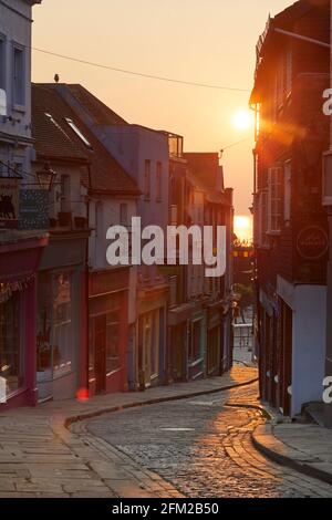 The Old High Street at sunrise, Folkestone, Kent, England Stock Photo ...