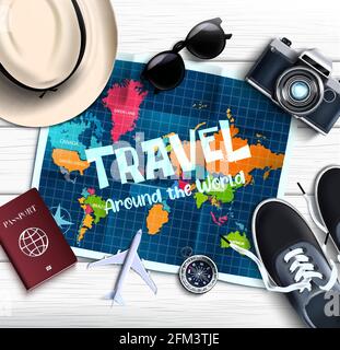 Travel the world with map and hat with sunglasses vector illustration ...