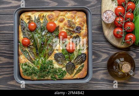 Homemade Flower Focaccia Bread Art with Herbs and Vegetables Stock ...