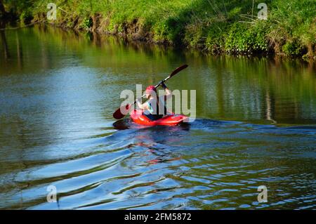 FRANKFURT, GERMANY - Apr 23, 2021: A paddler on the Nidda in Frankfurt ...