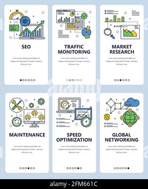 Search engine optimization onboarding mobile app screen set Stock ...