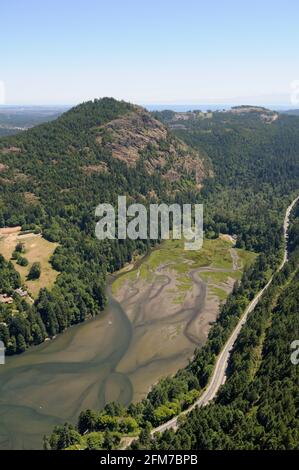 Aerial view of Finlayson Arm and Mount Finlayson, Vancouver Island ...