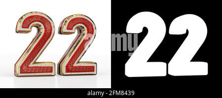 Red number 22 (number twenty-two) with golden symbols endless knot. 3D ...